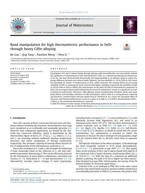 Pdf Band Manipulation For High Thermoelectric Performance In Snte Through Heavy Cdse Alloying