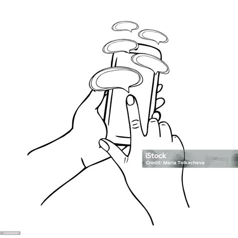 엄지 손가락 스크롤링 스마트 폰 화면 비행 메시지 거품 흑인과 백인 벡터 일러스트 레이 션 Ui Ux 디자인 소셜 미디어 개념 디지털 프로젝트를 위한 온라인 커뮤니케이션