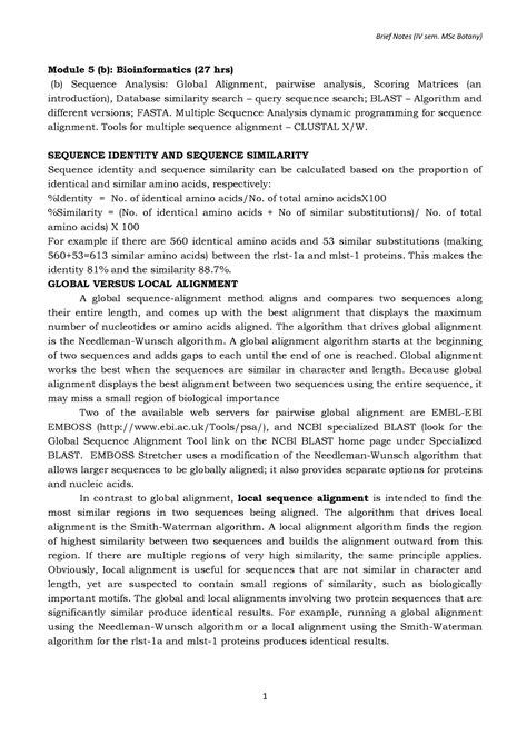 Bioinformatics Module 5b Module 5 B Bioinformatics 27 Hrs B Sequence Analysis Global