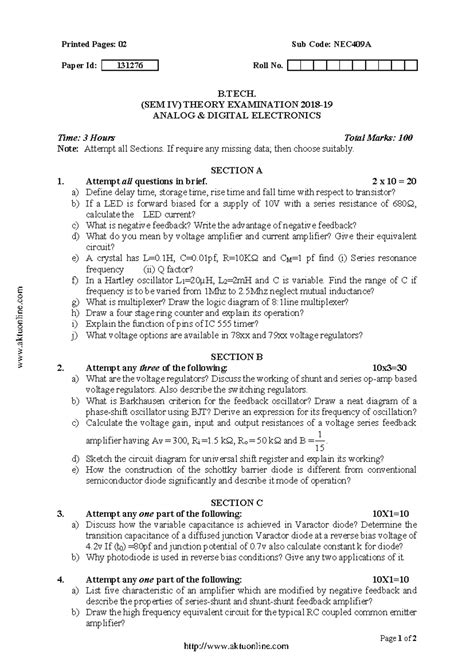 btech ec 4 sem analog and digital electronics nec409a 2019 printed