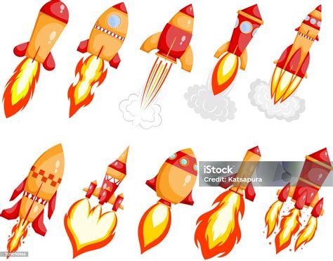 흰색 바탕에 시작 로켓을 설정 합니다 화 염과 레드 만화 스타일 시작 런처 반응 공간 로켓 공간 수송입니다 벡터 일러스트 레이