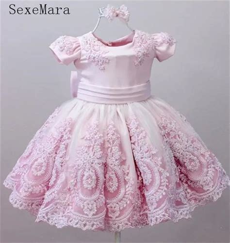 Sexemara Розовое Кружевное платье для малышей Кружевная аппликация с жемчугом детская одежда