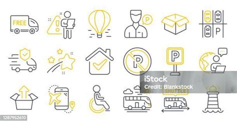 오픈 박스 등대 보내기 상자 기호와 같은 교통 아이콘 집합입니다 벡터 셔틀 버스에 대한 스톡 벡터 아트 및 기타 이미지 셔틀