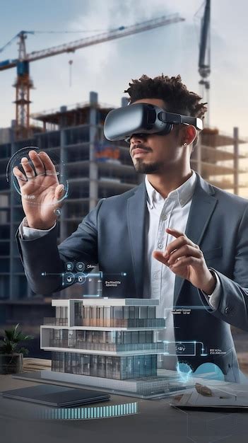 Futuristic Architectural Engineer Wearing Augmented Reality Headset Uses Gestures To Create 3d