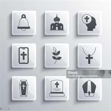 묘비 교황 모자 기독교 십자가 사슬 버드나무 잎 관 전화 교회 종 사제 아이콘이 있는 무덤을 설정하십시오 벡터 스마트폰에 대한 스톡 벡터 아트 및 기타 이미지 Istock