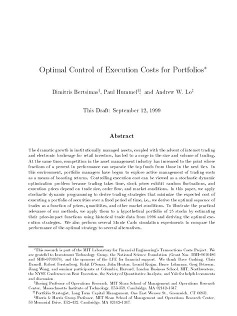 Optimal Control Of Execution Costs For Portfolios Pdf Matrix Mathematics Stocks