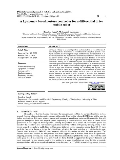 a lyapunov based posture controller for a differential drive mobile