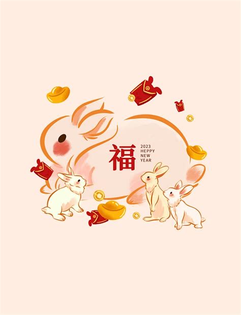 扁平风一群兔子的新年可爱 花瓣网