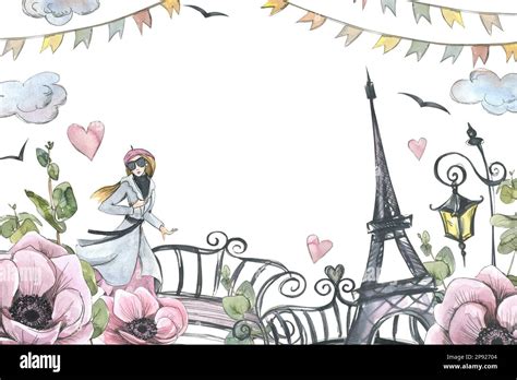 Eiffel Tower With Girl Lantern Bridge And Flowers Watercolor Illustration In Sketch Style
