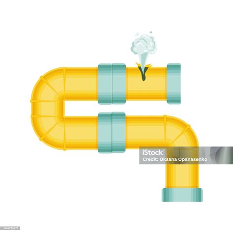 증기 또는 납 가스의 누출 파이프 라인의 파열로 깨진 파이프 수도꼭지 떨어지기 물 공급 문제 파이프 파손 흰색 배경에 격리된 바람 그림 0명에 대한 스톡 벡터 아트 및 기타
