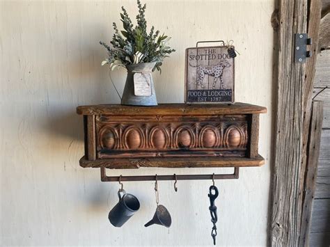 Primitive S Hook Shelf With Decorative Antiqued Trim Concealed Compartment Antiqued Tin S Hooks