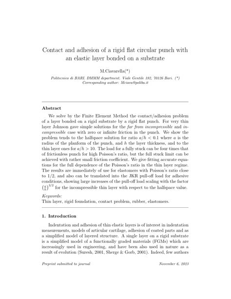 Pdf Contact And Adhesion Of A Rigid Flat Circular Punch With An