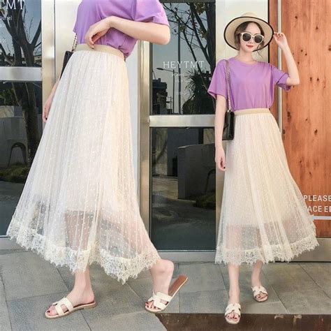 다발로 여성 가을 쉬폰 레이스 스커트 치마 플리츠 코디