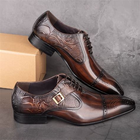 Mens Brogue Cap Toe Oxford Shoes With Side Buckle Lace Up Front Dress