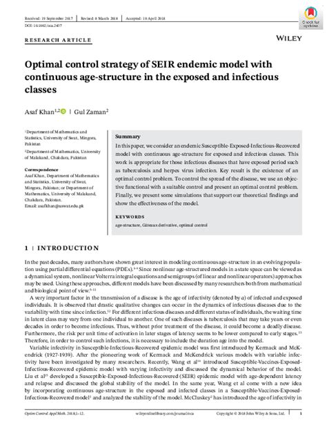 Pdf Optimal Control Strategy Of Seir Endemic Model With Continuous