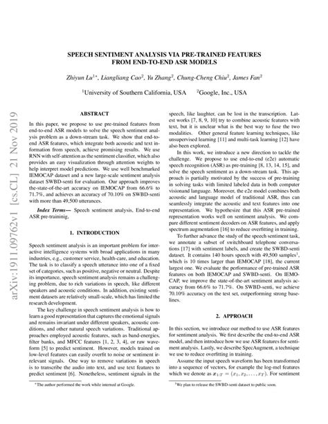 Speech Sentiment Analysis Via Pre Trained Features From End To End Asr Models Deepai