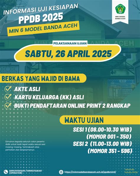 Informasi Uji Kesiapan Ppdb 2025 Min 6 Model Banda Aceh