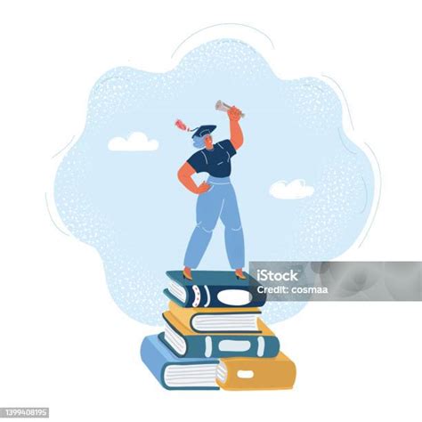 책 더미 위에 졸업 모자를 쓴 소녀의 벡터 일러스트레이션 개념에 대한 스톡 벡터 아트 및 기타 이미지 개념 공부 교육 Istock