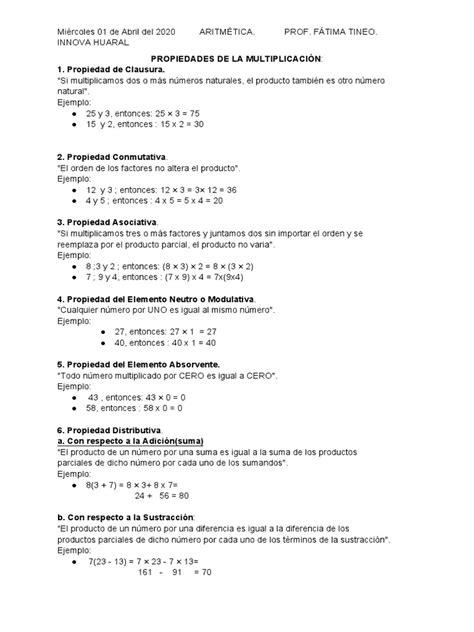 Propiedades De Los Números Naturales AritmÉtica Pdf Número