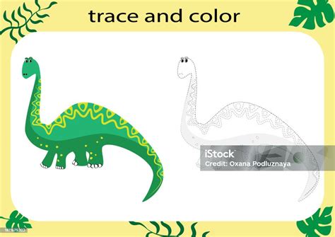 만화 공룡을 추적하고 색칠하세요 아이들을 위한 손글씨 연습 어린이를 위한 교육용 워크시트 인쇄 가능한 워크시트 벡터 일러스트 레이 션입니다 0명에 대한 스톡 벡터 아트 및