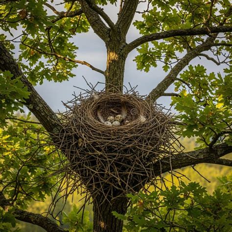 A Large Bird S Nest Constructed From Intertwined Twigs Is Situated On