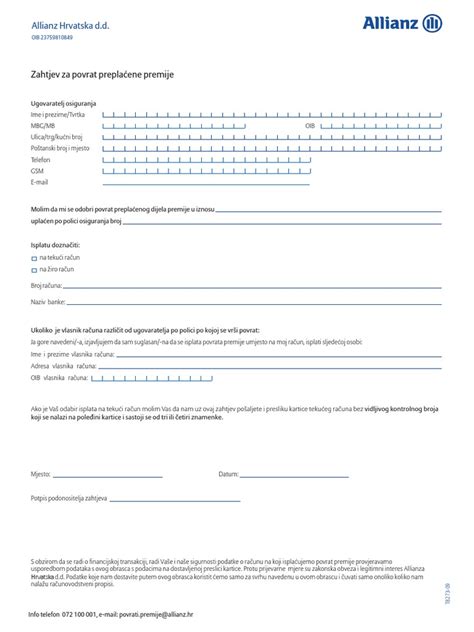Zahtjev Za Povrat Preplaćene Premije Editabilni T8273 09 Pdf