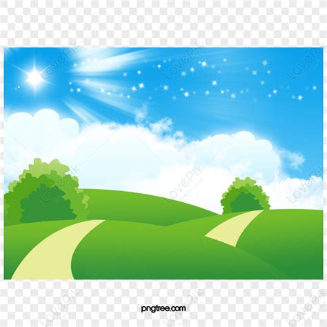 푸른 하늘 과 잔디 배경 일러스트햇빛산허리 Png 일러스트 무료 다운로드 Lovepik