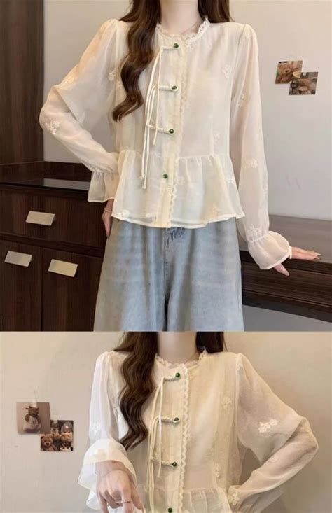 여성 라운드넥 시폰 셔츠 플레어 소매 인형 셔츠 용수철 여름 단추 상의 중국 스타일 신상 의류 2024 여성 탑스