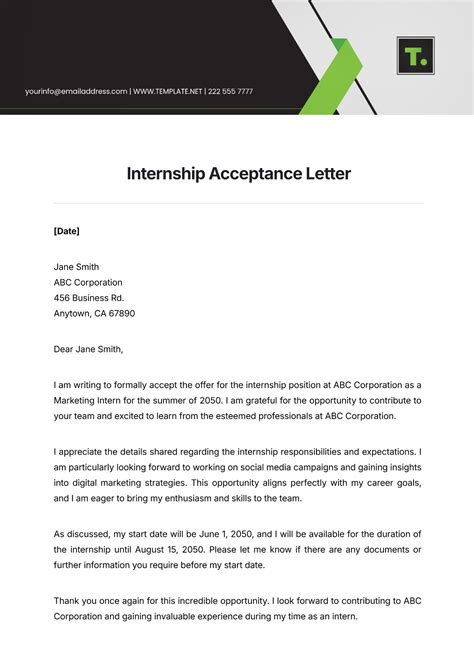Internship Offer Letter Internship Acceptance Letter Editable