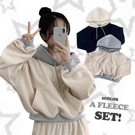 더핑크 숏롱핵따뜻 하코 후리스 배색 크롭 후드집업 와이드 팬츠 Set 2color 트레이닝투피스뽀글이츄리닝세트양털겨울바지