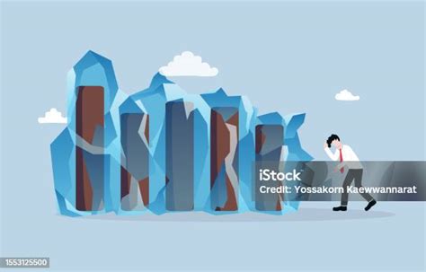 경제 침체 또는 침체 소비자 지출 감소 경제 활동 개념의 마비 막대 그래프가 얼음에 갇힌 좌절한 사업가 금융에 대한 스톡 벡터