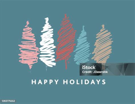 크리스마스 트리와 해피 홀리데이 타입 디자인의 홀리데이 인사말 카드 0명에 대한 스톡 벡터 아트 및 기타 이미지 0명 겨울 계절 Istock