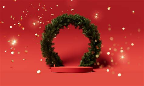 3d 연단 디스플레이 빨간 크리스마스 배경입니다 미용 제품 프레젠테이션 또는 텍스트 녹색 소나무 화환 황금 색종이 조각으로 요정 빛 새해 받침대 쇼케이스 화환 프레임 3d