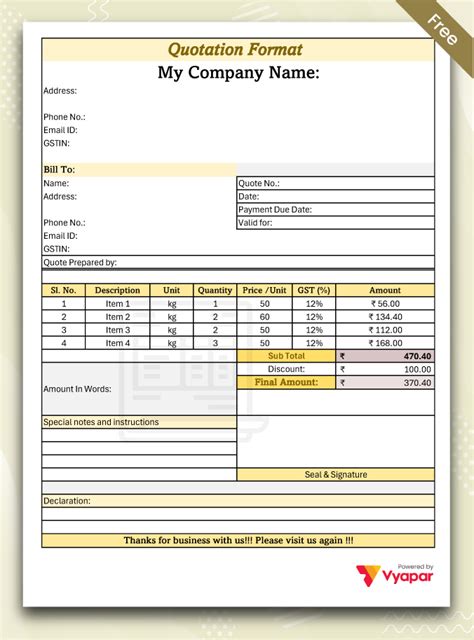 Quotation Format In Excel Download Free Templates