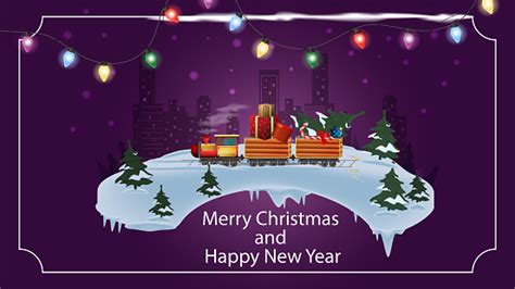 새해와 크리스마스 배너는 화환의 도시 프레임의 배경에 밤에 숲을 통해 선물을 운반 자동차에 카드 기차를 만들기위한 비문 축하 0명에 대한 스톡 벡터 아트 및 기타 이미지