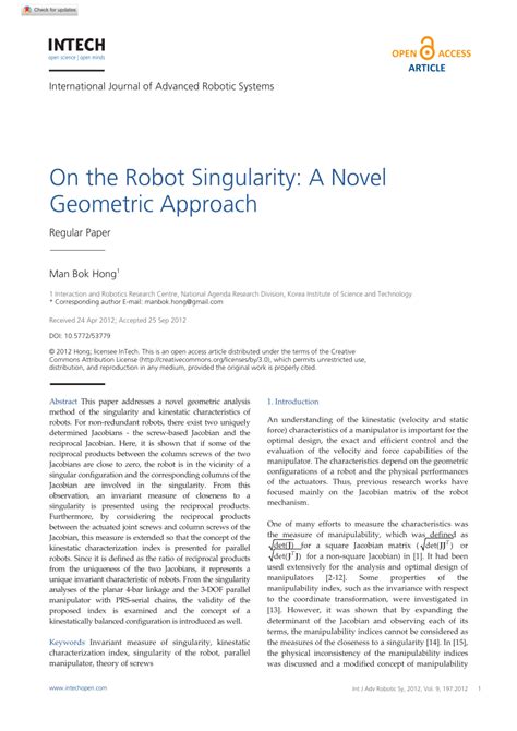 Pdf On The Robot Singularity A Novel Geometric Approach