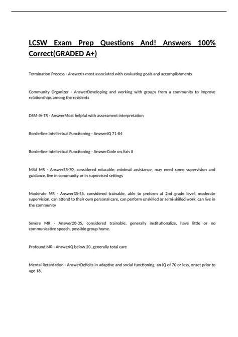 LCSW Exam Prep Questions And Answers Correct GRADED A LCSW Exam Prep Questions And