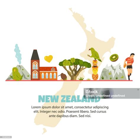 기호와 랜드마크 뉴질랜드 벡터 포스터입니다 여행 전망 포스터 관광 가이드 마케팅 인쇄물에 적합 마오리족에 대한 스톡 벡터 아트
