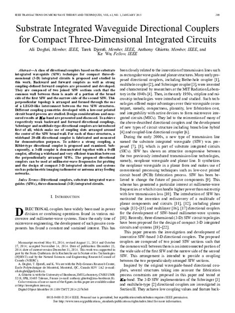 Pdf Substrate Integrated Waveguide Directional Couplers For Compact Three Dimensional