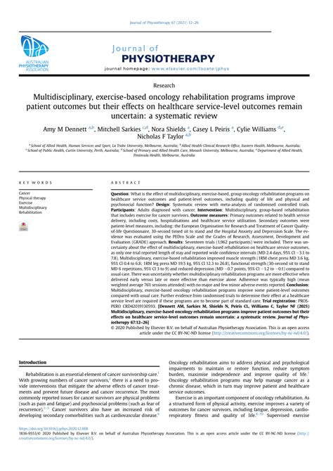 Pdf Multidisciplinary Exercise Based Oncology Rehabilitation Programs Improve Patient