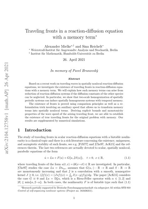Pdf Traveling Fronts In A Reaction Diffusion Equation With A Memory Term