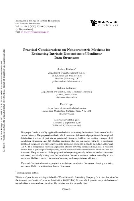 Pdf On The Development Of Non Parametric Methods To Estimate Intrinsic Dimensions Of Nonlinear
