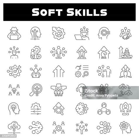 소프트 스킬 아이콘 세트입니다 소프트 스킬 벡터 아이콘 라인 스타일 생각 리더십 연결 인식 아이디어 협업 프리젠 테이션 프로그래밍 소프트 스킬 관련 아이콘 편집 가능한