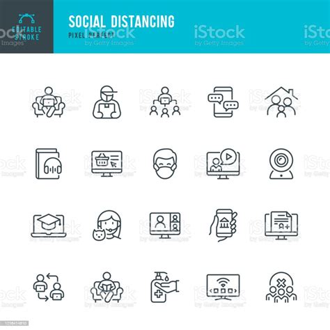 사회 거리 설정 가는 선 벡터 아이콘 세트 픽셀 완벽 편집 가능한 스트로크입니다 이 세트에는 소셜 디스타싱 원격 작업 검역 화상 회의 집에서 일하기 배달원 E러닝이라는