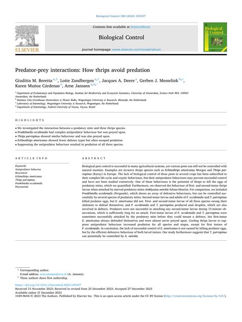 Pdf Predator Prey Interactions How Thrips Avoid Predation