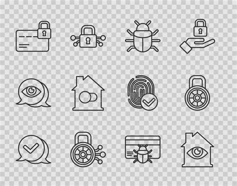 Set Line Check Mark In Speech Bubble House With Eye Scan System Bug Cyber Security Credit