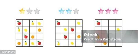 벡터 일러스트 레이 션 복잡성의 서로 다른 수준에서 사진과 함께 아이 들을 위한 스도쿠 논리 게임 취학 전 아동에 대 한입니다 교육 게임입니다 수수께끼입니다 사과 배 오렌지