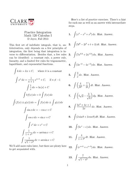 Integral Practice Practice Integration Math 120 Calculus I D Joyce