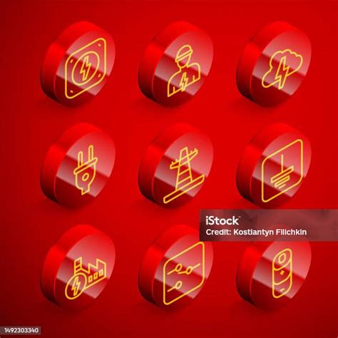 라인 번개 볼트 전기 기사 구름 및 번개 플러그 타워 라인 전기 기호 접지 원자력 발전소 및 스위치 전자 회로 아이콘을 설정합니다 벡터 0명에 대한 스톡 벡터 아트 및 기타