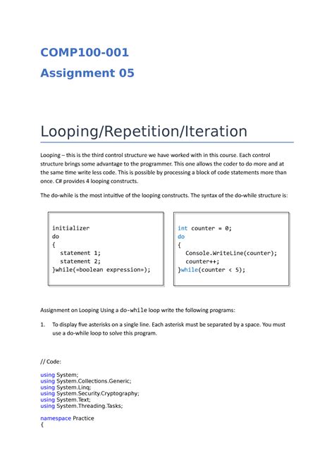 COMP100 Assignment 5 COMP100 Assignment 05 Looping Repetition